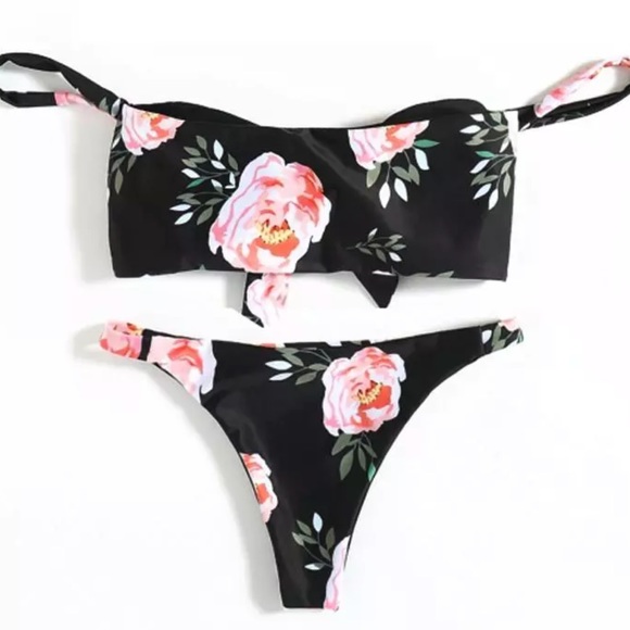 Swim | Pink Black Rose Cheeky Booty Bikini Swimsuit Crop | Poshmark